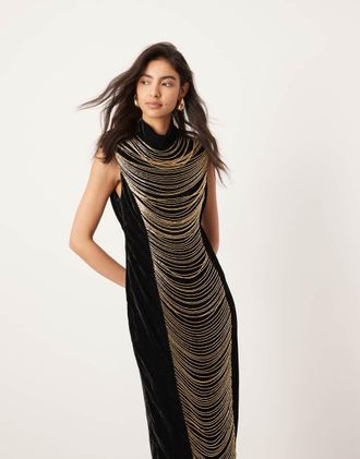 Asos Hochgeschlossenes, konturierendes Samt-Midikleid in Schwarz mit drapierter Fransenverzierung