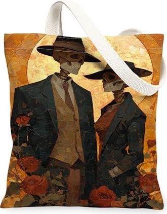 Generic Sacs fourre-tout en toile squelette dHalloween, motif cr&acirc;ne floral, sacs d&eacute;picerie r&eacute;utilisables, vintage, l&eacute;gers, lavables, Orange, 13x15 Inch