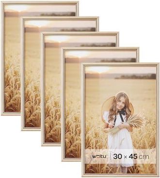 Woltu Lot de 5 Cadre Photo 30x45cm Cadre en Bois Massif avec Passe Partout, Suspendre Horizontalement ou Verticalement, Décoration Murale ou sur Table, Or