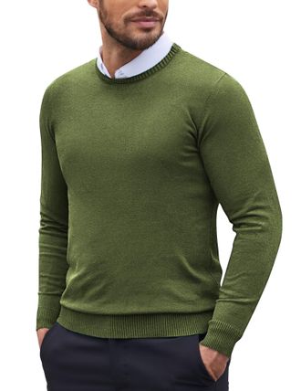 Coofandy Herren Pullover Strickpullover Langarm Rundhals Pullover Business Pullover Leichte Feinstrick Pullover Winterpullover Pulli Slim Fit Sweater Armee Gr&uuml;
