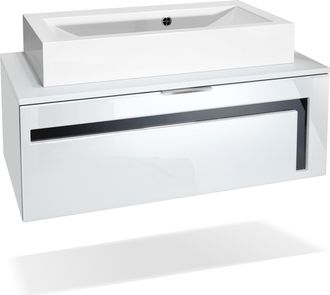 Vladon Waschtisch Waschbecken Unterschrank Aloha V2, Made in Germany, Korpus in Wei&szlig; matt/Fronten in Wei&szlig; Hochglanz mit Absetzungen in Schwarz Hochglanz, mit