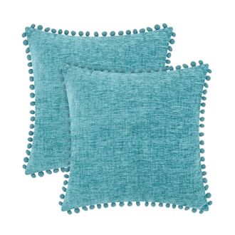 CaliTime Kissenbezüge 2er-Pack Kuschelige, durchgefärbte, weiche Chenille-Kissenbezüge mit Pom Poms für Couch Sofa Dekoration 50cm x 50cm Teal