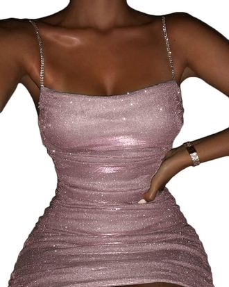 Minetom Damen Kleider Glitzer Abendkleider Spaghetti Strap Fransen Paillettenkleid Mini Glänzend Partykleid Elegant Hochzeit Club Cocktailkleid A Rosa XL