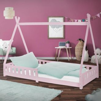 ML Design Ml-design - Lit dEnfants Tipi 90x200 cm Rose avec Protection Antichutes et Sommier &agrave; Lattes, Bois de Pin, Maison dEnfant dInt&eacute;rieur avec Cl&ocirc;ture