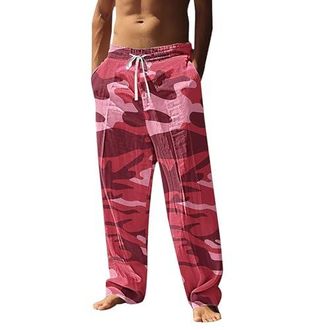 Generic Pantalon baggy en coton et lin pour homme - Style d&eacute;contract&eacute; - Imprim&eacute; camouflage 3D - Coupe droite, Rouge, 3XL