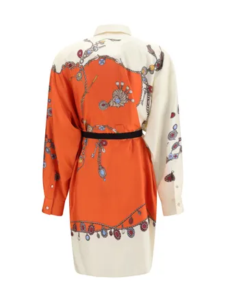 Versace Womens Printed Silk Shirt Mini Dress Orange+white+gold