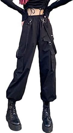 ORANDESIGNE Femme Pantalon Cargo Casual Gothique Punk Pantalon Danse Bas de Survêtement Hip Hop Noir Multi-Poches Streetwear N Noir 3XL