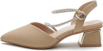 Generic Qynthra Escarpins Femme Slingback Bout Pointé Lanières Strass Métallique Talon Moyen Bloc Sandales pour Mariage Soirée Réception,Kaki,37 EU