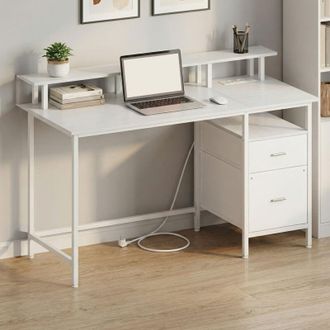 Vasagle Bureau de Travail, Support d&Eacute;cran, Tiroirs en Tissu, Station de Charge, 140 x 60 cm, Blanc
