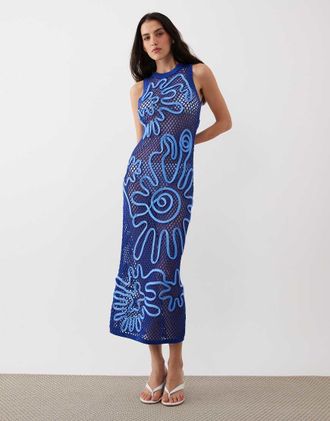 Asos Robe longue en maille ajour&eacute;e &agrave; motif Cornelli - Bleu