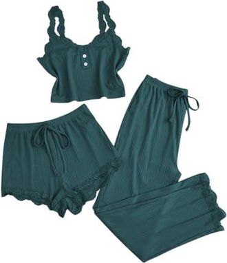 Minetom Ensemble de Pyjama Femme 3 Pi&egrave;ces &Eacute;t&eacute; sans Manches D&eacute;bardeur et Pantalon et Short Dentelle V&ecirc;tements de Nuit A Vert Fonc&eacute; M