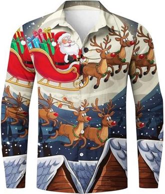 Generic Chemises de Noël pour homme - Imprimé Père Noël amusant - Bonhomme de neige - Chemise de Noël moche - Renne, élan, graphique 3D - Haut à manches longu