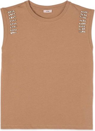 Oltre Femme, Tops, Beige, Taille: 38 FR T-shirt en coton avec pierres d&eacute;coratives
