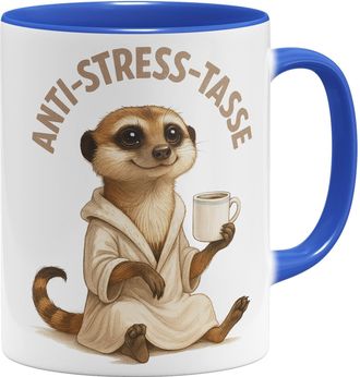 OM3 Erdm&auml;nnchen Anti-Stress Kaffee-Tasse - Lustige Meerkat Keramiktasse mit Tier-Motiv - Keramik Becher - 325ml - Beidseitig Bedruckt - Blau