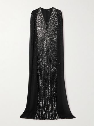 Jenny Packham Zenith Verzierte Robe Aus Chiffon Mit Cape-effekt - Schwarz