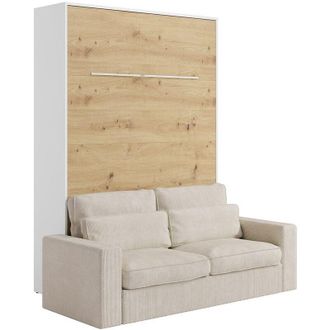 Vente-Unique Lit escamotable 160 x 200 cm - Ouverture verticale manuelle - Avec LEDs - Blanc et naturel + Canap&eacute; - RAPILI