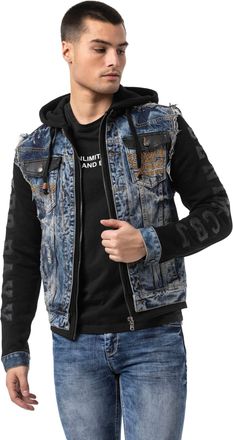 Cipo & Baxx Herren Hybrid-Denimjacke CJ-309 Blau - Klassische Denim, Sport Verschiedene Jackenmodelle - Sweat-Kapuze und Sweat&auml;rmeln - mit Modernen Komfort-Detail