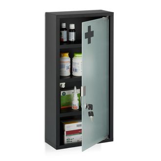 Relaxdays Medizinschrank, 4 F&auml;cher, HxBxT: 57 x 27 x 12 cm, abschlie&szlig;barer Medikamentenschrank, Stahl, Glast&uuml;r, schwarz
