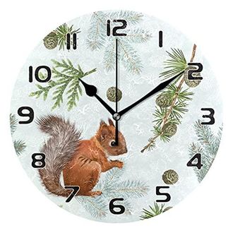 TropicalLife COZYhome Horloge murale moderne avec 2 animaux de la for&ecirc;t, &eacute;cureuil, pommes de pin, horloge murale ronde, silencieuse, sans tic-tac, fonctionne &agrave; pil