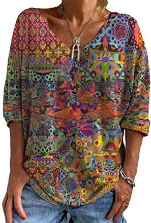 Onsoyours Femme Vintage Imprimé Chic Col en V 3/4 Manches Shirts Élégant Imprimé Tops Blouse Mode Casual Loose Tunique Tops Hauts T-Shirts G Rose XXL