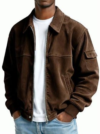 Generic Veste d&eacute;contract&eacute;e en velours c&ocirc;tel&eacute; pour homme - Veste l&eacute;g&egrave;re &agrave; manches longues et col zipp&eacute; avec poches, marron fonc&eacute;, 5XL