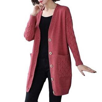 Generic Cardigan dhiver vintage r&eacute;tro tricot&eacute; avec col en V et poches unies pour femme, Rouge, Taille XS