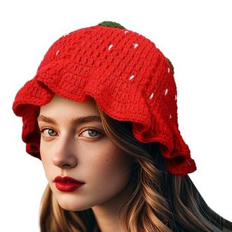 Generic Chapeau fraise fait &agrave; la main - Bonnet tricot&eacute; au crochet floral, couvre-chef unique et portable avec motif de fruits | filles et femmes pour cosplay,