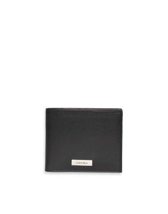 Calvin Klein Portefeuille en cuir &agrave; deux volets avec plaque argent&eacute;e &agrave; logo - Noir