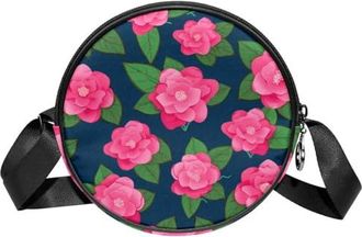 Generic Sac &agrave; bandouli&egrave;re Circle pour femme, petit sac &agrave; bandouli&egrave;re rose cam&eacute;lia avec fermeture &eacute;clair, bretelles r&eacute;glables, sac &agrave; main rond d&eacute;contract&eacute; pour