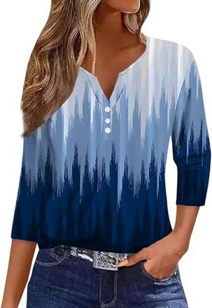 Generic HUIFUAO Tee Shirt Femme Coton Col V Chemisiers Et Blouses Chic Et élégant Haut Manche 3/4 Tunique Basique Ample Tops (Z33 Blue, L)