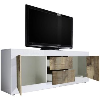 Dmora TV-M&ouml;bel Sinello, modular: 2 Schubladen, 1 Regal, Made in Italy, 210x43x65 cm, Wei&szlig; Hochglanz