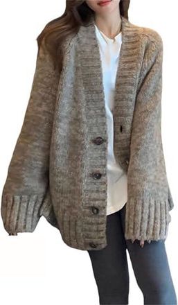 Generic Cardigan en tricot uni pour femme - Col en V - Simple boutonnage - &Eacute;l&eacute;gant et d&eacute;contract&eacute; - Pour lhiver, Kaki, taille unique