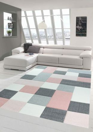 Merinos Designer und Moderner Teppich mit Karo Muster in Rosa Grau Creme Größe 200 x 290 cm