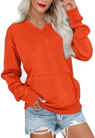 Generic Sweat-shirt &agrave; col en V sans chapeau avec poches, couleur unie, confortable, d&eacute;contract&eacute;, surdimensionn&eacute;, sans capuche, pour le printemps, lautomne et 