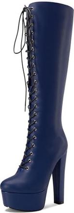 Castamere Femmes Bloc Chunky Haut High Plate-forme Talon Heel Rond Bout Lacets Fermeture &agrave; Glissi&egrave;re Mi Mollet Hauteur Genou Bottes 15 CM Heels Bleu Marine 38 E