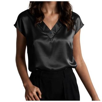 Generic Chemisier en satin &eacute;l&eacute;gant pour femme - Col en V - Manches courtes - Tunique d&eacute;t&eacute; - &Eacute;l&eacute;gant et ample - Manches courtes - D&eacute;contract&eacute; - Soyeux - Satin,