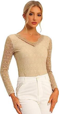 Allegra K Femmes Chemisier Dentelle Florale Col V Manches Longues Dentelle Bordure Festonn&eacute;e d&eacute;guisement Costume dhalloween Brun Clair S