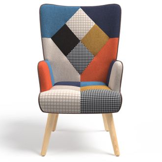 IDMarket Skandinavischer Sessel Ivar mit mehrfarbigem Patchworkstoff und Hahnentrittmuster