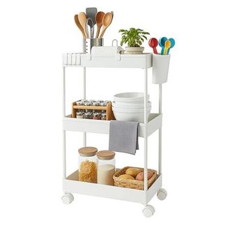 Relaxdays Rollwagen, 3 Etagen, Servierwagen, K&uuml;chenwagen Bad & B&uuml;ro, Rollregal, HBT: 62,5x40x22 cm, Bastelwagen, wei&szlig;