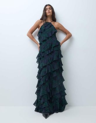 Ralph Lauren Maxikleid mit Volantbesatz und Neckholder in Marineblau