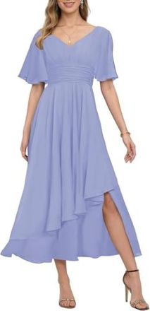 Generic Robe de mère de la mariée avec manches et col en V plissée en mousseline de soie pour invitée de mariage, lavande, 50 Grande taille