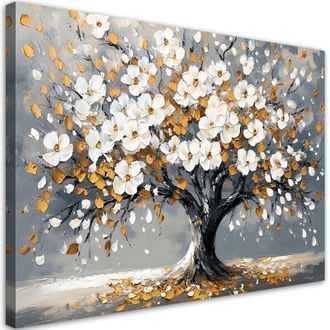 Feeby Tableau d&eacute;co Arbre de vie Fleurs feuillues Or 90x60