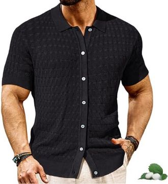 Generic Polo en tricot pour homme, style rétro, uni, à manches courtes et boutonné, style décontracté et confortable, Noir, L