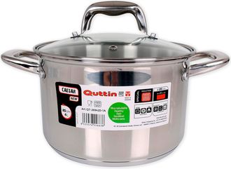 Quttin New Caesar Professioneller Kochtopf für Induktionsherde und Backofen, kleiner Kochtopf aus Edelstahl, antihaftbeschichtet, mit Glasdeckel und Griffen,