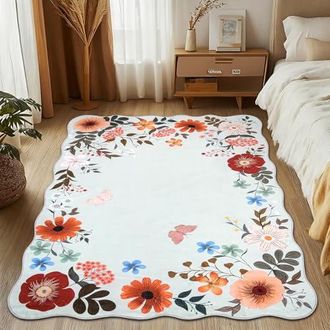 Mosiso Tapis de Sol pour Salon 121x182cm, Faux Laine Doux Anti-Dérapant Bords en Vague Papillons & Fleurs Basse Hauteur Lavable, Tapis de Sol Salle à Manger 