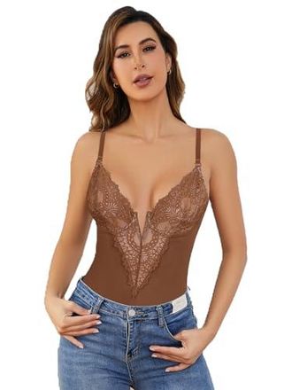 SHEKINI Bodysuit Sculptant Femme Amincissante Ventre avec Dentelle Body shaper Col profond en V Minceur Shapewear Contr&ocirc;le du Ventre String