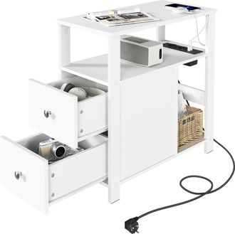 Woltu Beistelltisch mit Steckdose, Nachttisch mit Ladefunktion, Sofatisch schmal, mit 2 Schubladen 2 Ablagen 1 Fach, f&uuml;r Wohnzimmer Schlafzimmer, 60x60x30 c