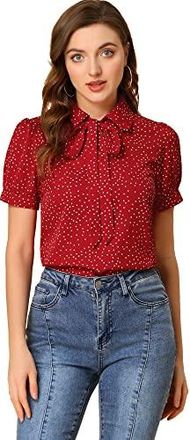 Allegra K Femmes &Agrave; Pois Manche Courte Noeud Papillon Collier Pan Chiffon Chemisier Halloween d&eacute;guisement Rouge M