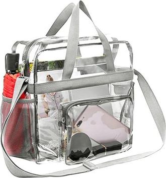 Generic Sac fourre-tout transparent avec fermeture &eacute;clair et poches pour courses, sports, festivals, etc, Gris, Consulte la descripci&oacute;n