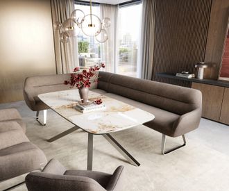 DELIFE Esszimmerbank Taya-Flex 285x190 cm Strukturstoff Soft Taupe Kufengestell flach Edelstahl Taschenfederkern Rechts, B&auml;nke